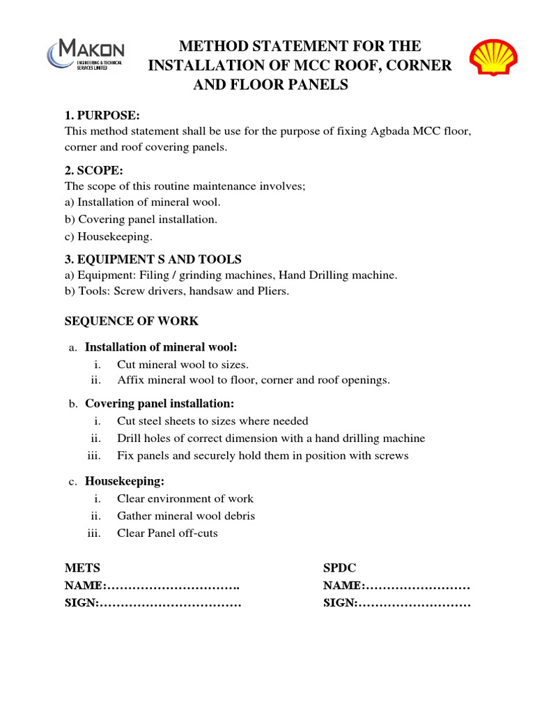 Method Statement For The Installation of MCC Roof | PDF