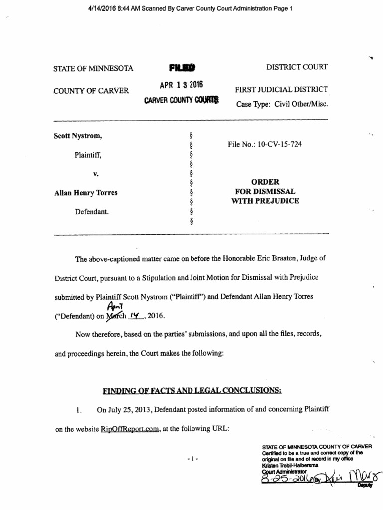 Scott Nystrom v. Allan Henry Torres - Order For Dismissal With ...