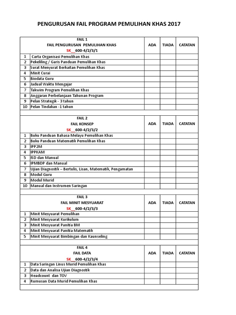 Senarai Semak Pengurusan Fail Program Pemulihan Khas | PDF