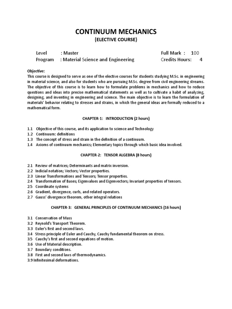 Continuum Mechanics Syllabus | PDF | Continuum Mechanics | Tensor