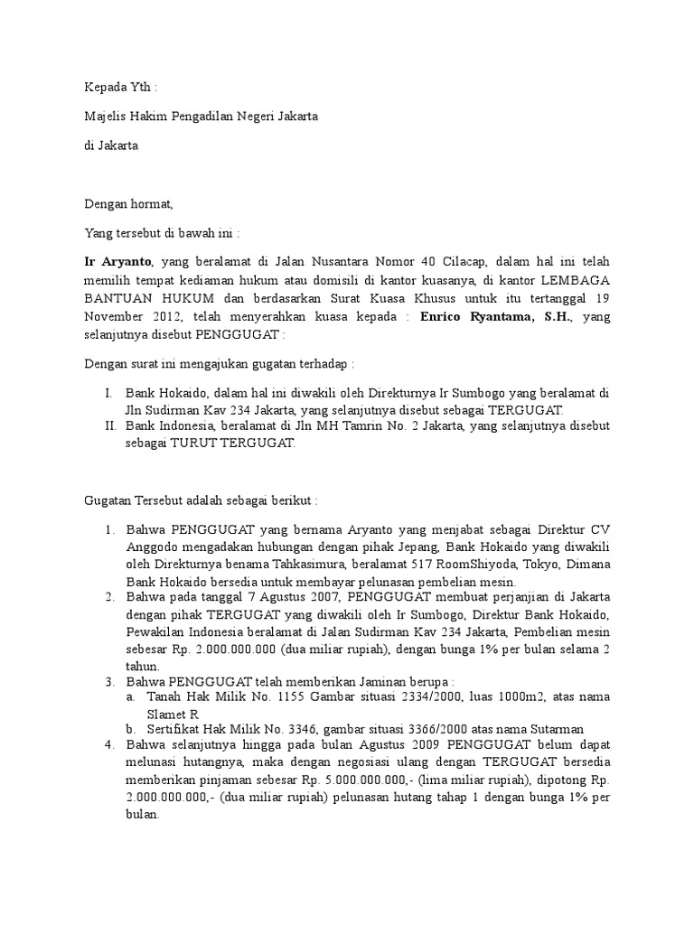 Contoh Surat Gugatan Perdata Hukum | PDF | Hukum