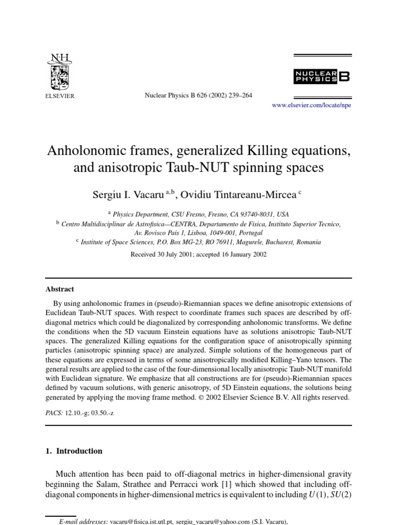 Anholonomic Frames, Generalized Killing Equations, and Anisotropic Taub ...