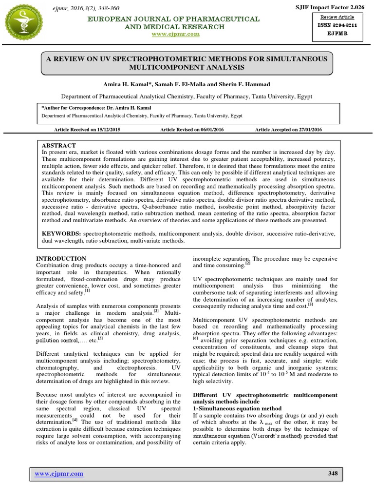 A Review On Uv Spectrophotometric Methods For Simultaneous Pdf Spectrophotometry Absorbance