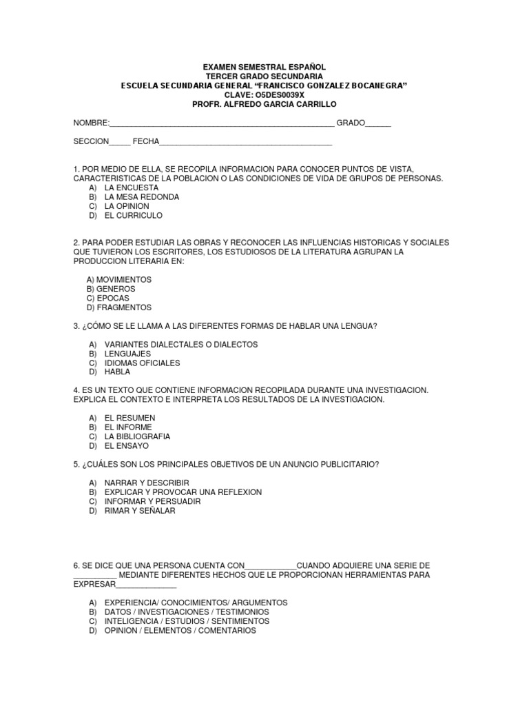 Examen Semestral Español 3 Grado | PDF