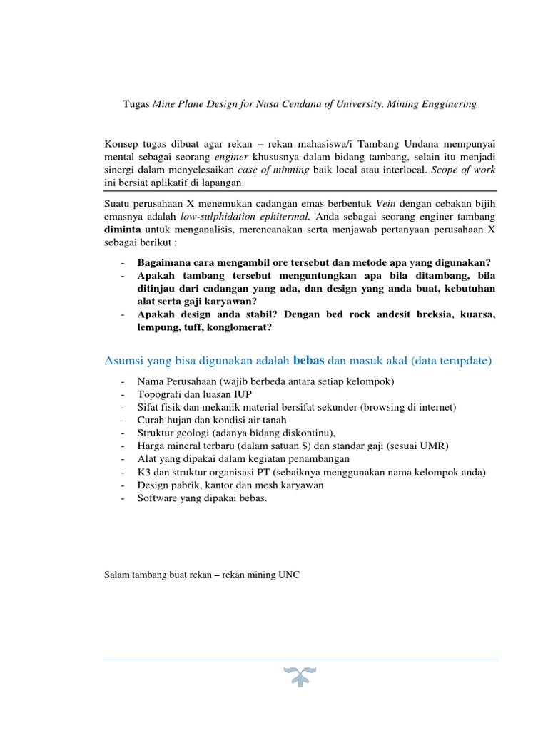 Design of a Mine Plane for Gold Mining in Nusa Cendana | PDF
