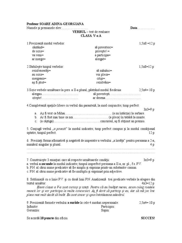 Test Verbul Cls 5 | PDF