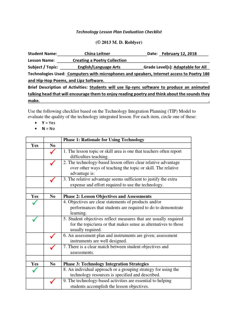 Updated Technology Lesson Plan Evaluation Checklist-1 | PDF ...