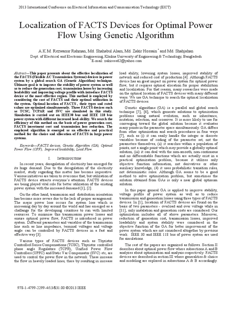 Localization of FACTS Devices For Optimal Power Flow Using Genetic Algorithm | PDF ...