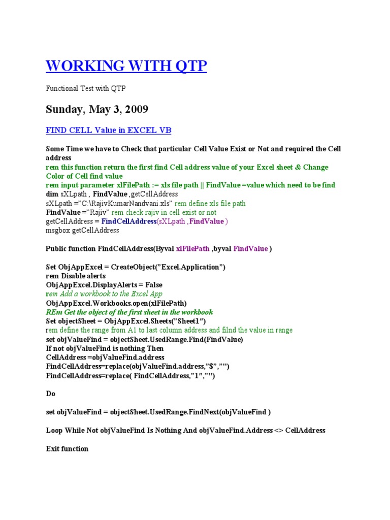 Working With Qtp Pdf Microsoft Excel Computer Programming
