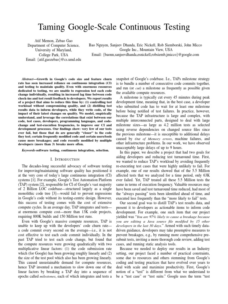 Taming Google-Scale Continuous Testing: Ntroduction | PDF | Source Code ...