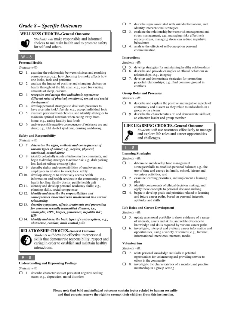 Grade 8 - Specific Outcomes: Choices To Maintain Health and To Promote ...