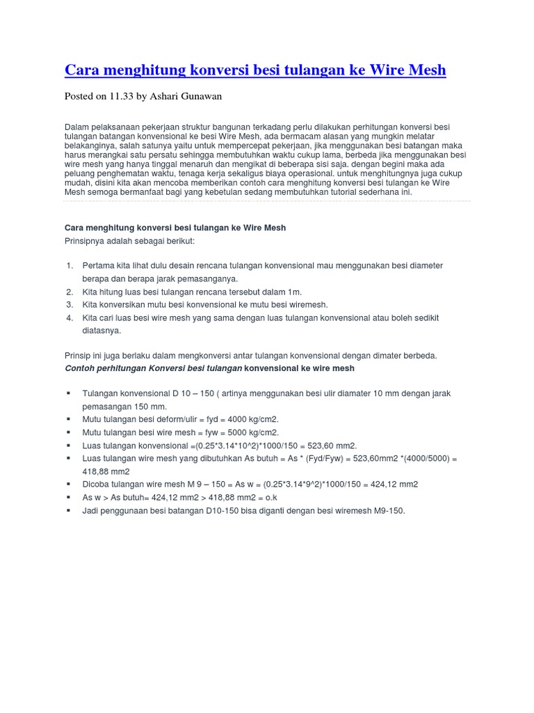 Cara Menghitung Konversi Besi Tulangan Ke Wire Mesh | PDF
