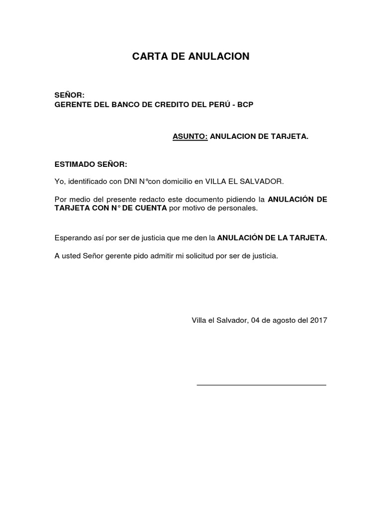 Carta Anulacion de Tarjeta | PDF