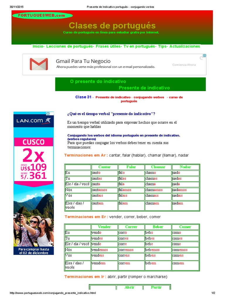 Portugués Conjugando Verbos Presente Indicativo Pdf Verbo