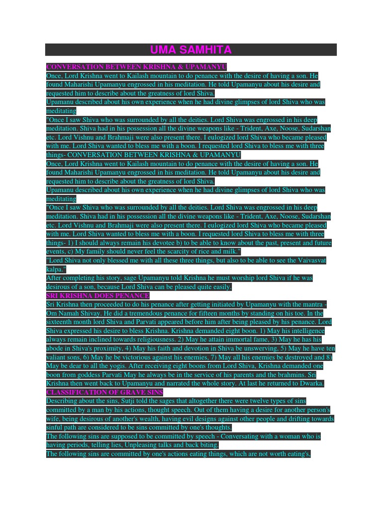 Uma Samhita | PDF | Puranas | Hindu Mythology