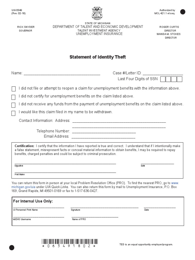 Statement of Identity Theft | PDF | Identity Theft | Unemployment Benefits