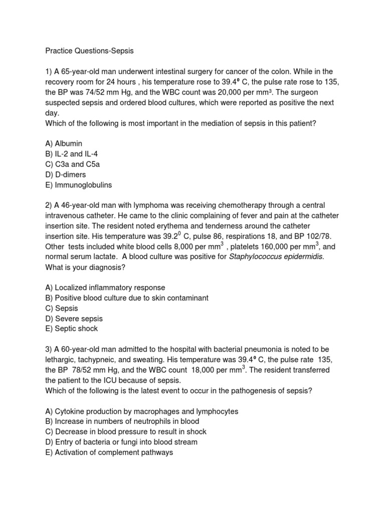 Sepsis Practice MCQs and Answers | PDF