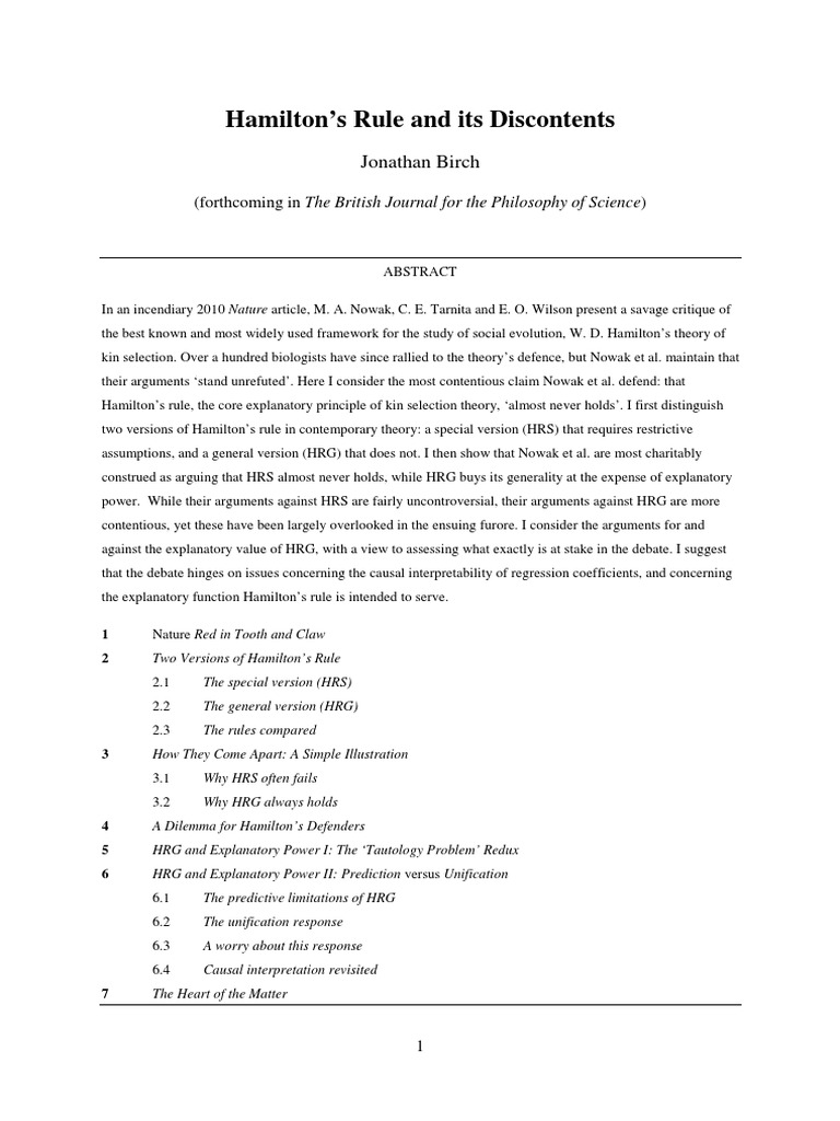 Hamilton's Rule and Its Discontents: Jonathan Birch | PDF | Linear ...