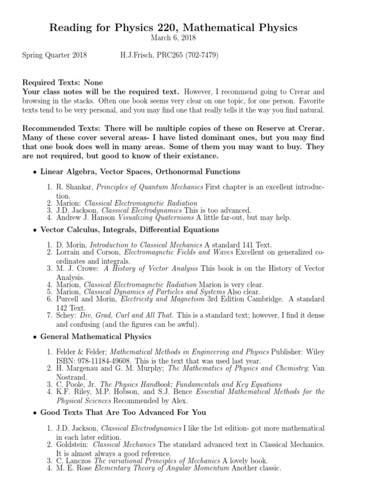 Reading For Physics 220, Mathematical Physics | PDF | Classical ...