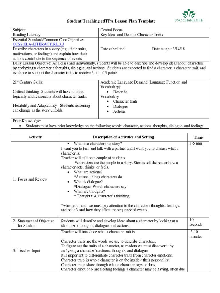 Character Traits Lesson Plan for Grade 3 | PDF | Emotions | Lesson Plan