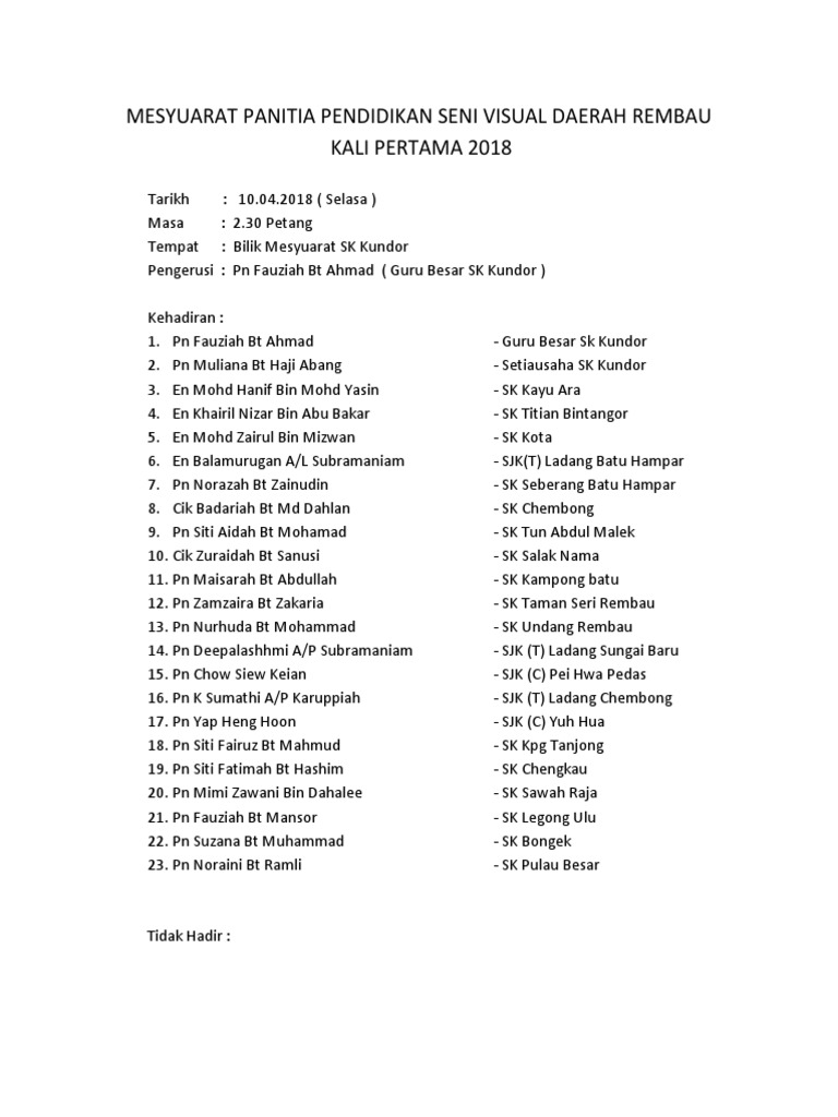 Mesyuarat Panitia Pendidikan Seni Visual Daerah Rembau | PDF