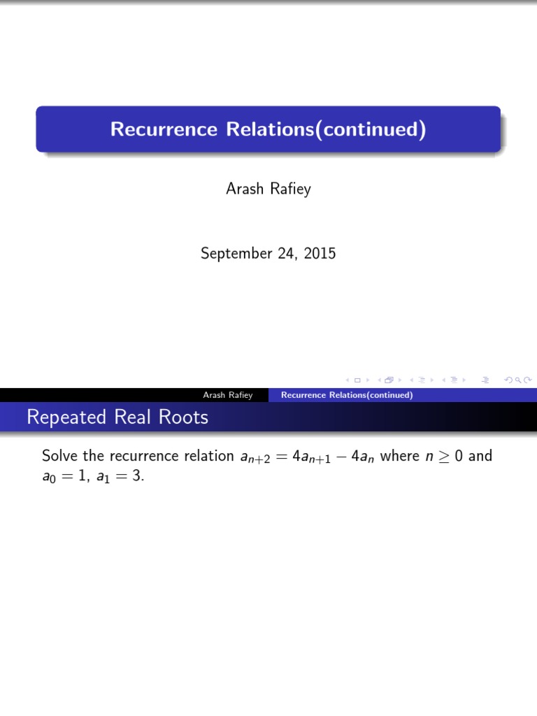 Recurrence Relations (Continued) : Arash Rafiey | PDF | Recurrence Relation | Discrete Mathematics