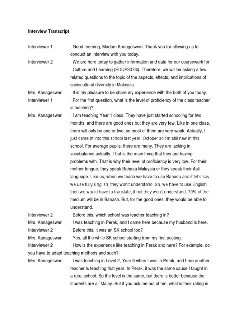 Interview Transcript | PDF | Classroom | Teachers