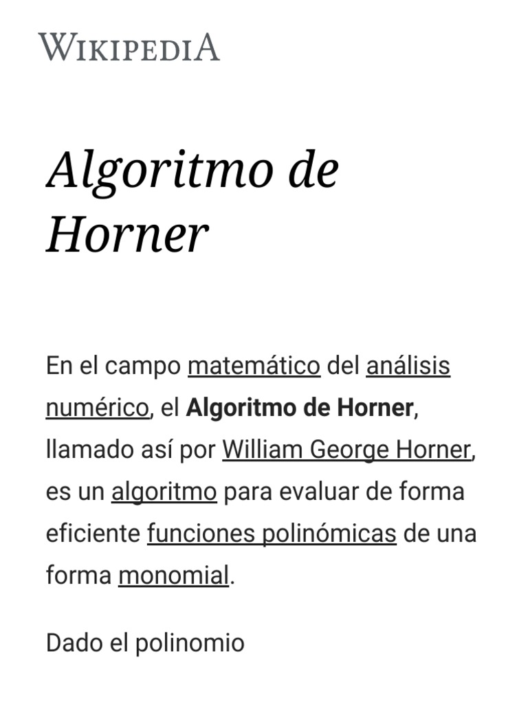 Algoritmo de Horner - Wikipedia, La Enciclopedia Libre | PDF ...