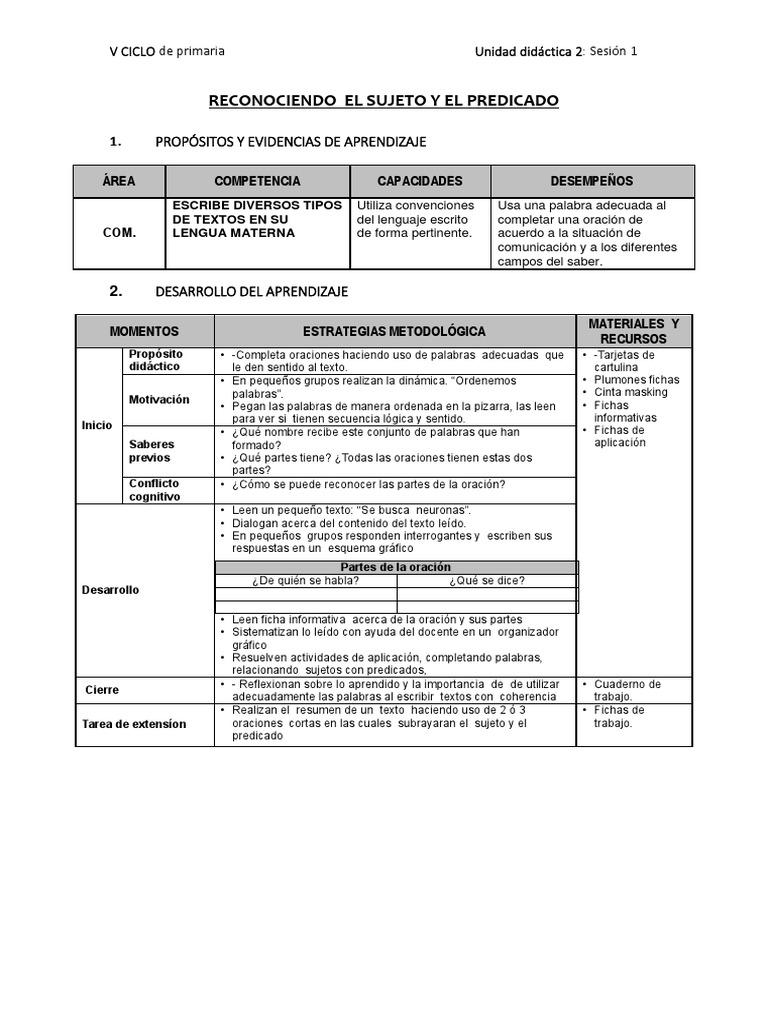 Sesión 1 Sujeto y Predicado | Oración (Lingüística) | Aprendizaje