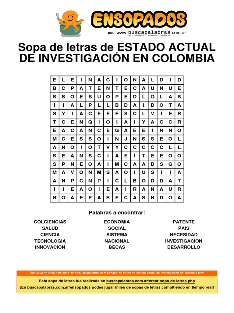 Sopa de Letras de Estado Actual de Investigación en Colombia | PDF