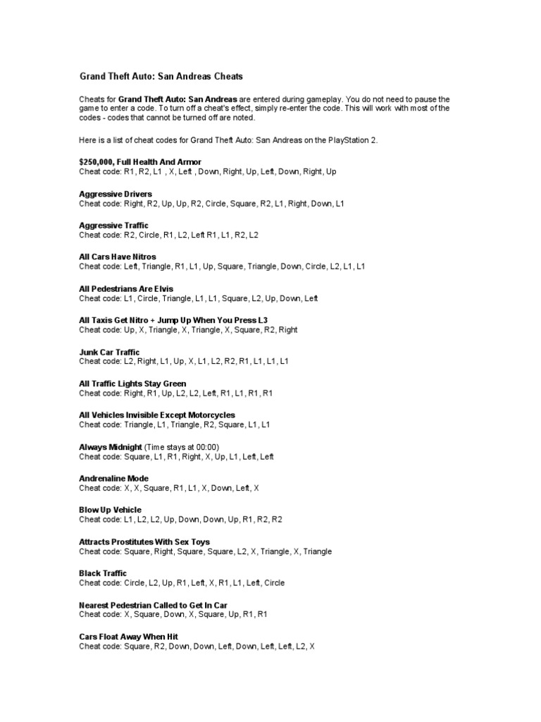 Grand Theft Auto San Andreas Cheat Codes | PDF | Traffic