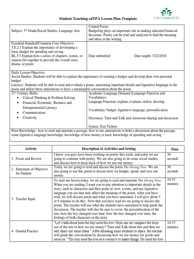 Student Teaching Edtpa Lesson Plan Template: Activity Description of ...