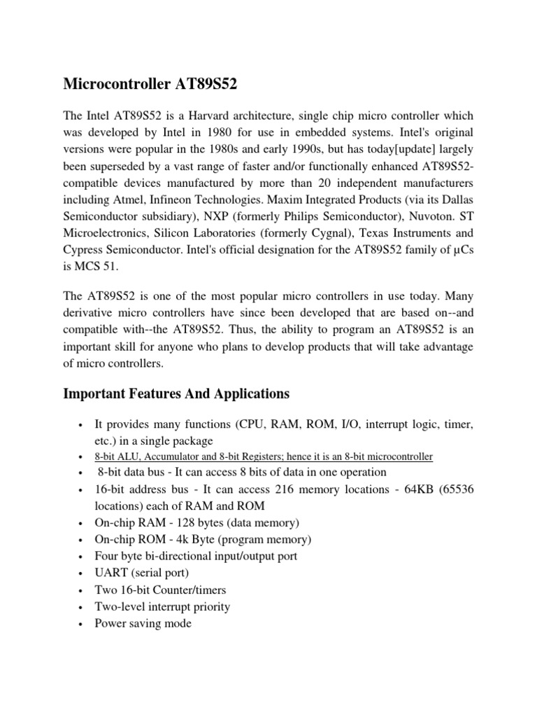 Microcontroller AT89S52: Important Features and Applications | PDF | Microcontroller | Random ...