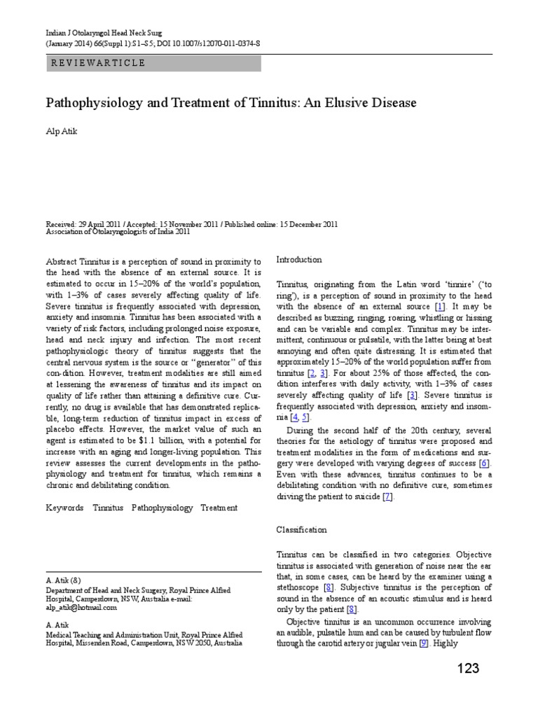 Pathophysiology and Treatment of Tinnitus: An Elusive Disease | PDF | Tinnitus | Ear