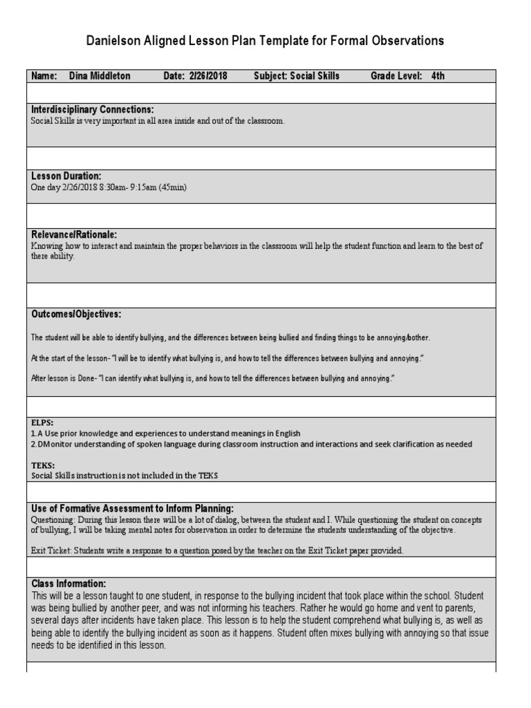 Danielson Aligned Lesson Plan Template For Formal Observations ...