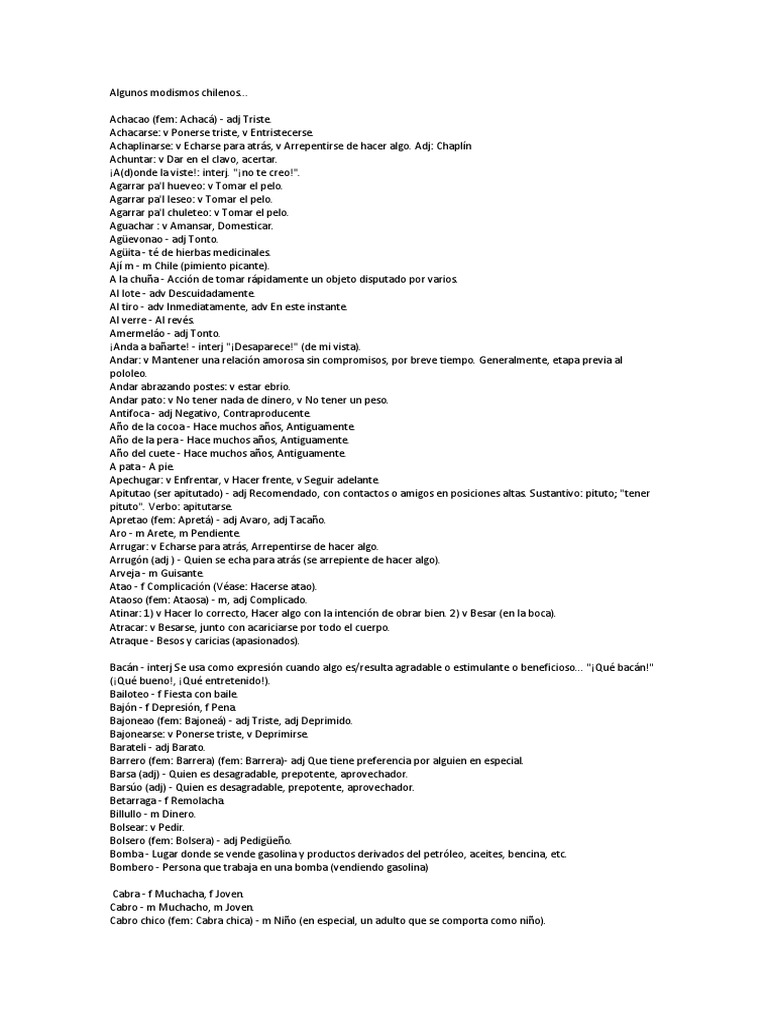 Modismos y jergas chilenas esenciales | PDF | Bragas
