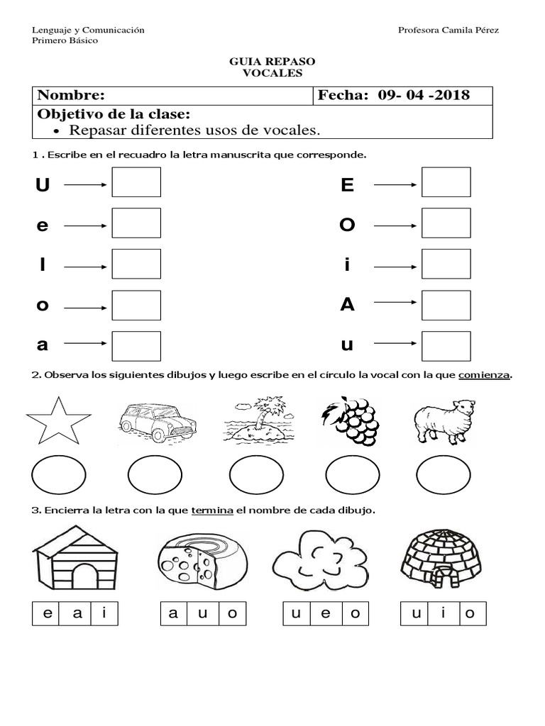 Guía de Repaso de Vocales para Primero Básico | PDF