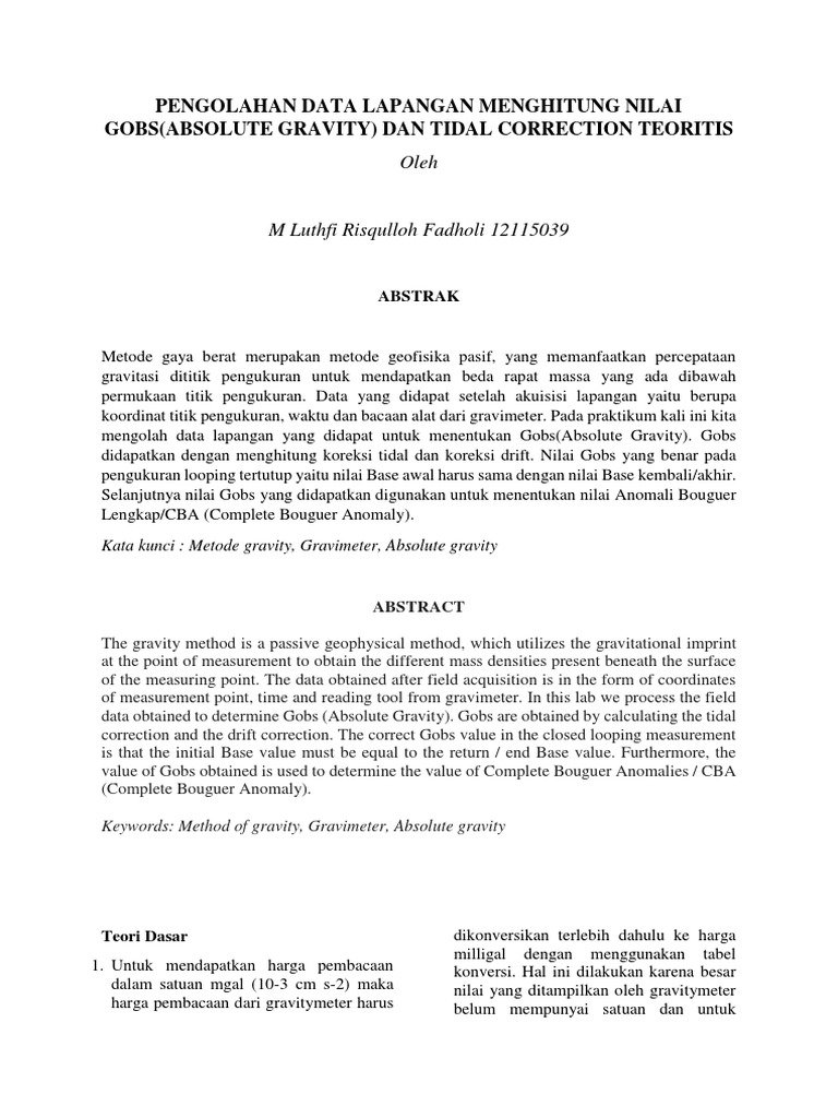 Pengolahan Data Lapangan Menghitung Nilai Gobs (Absolute Gravity) Dan ...
