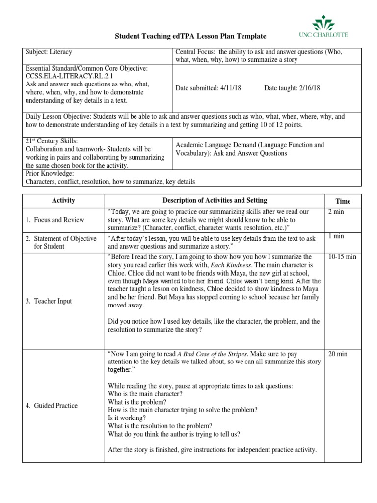Student Teaching Edtpa Lesson Plan Template: Activity Description of ...