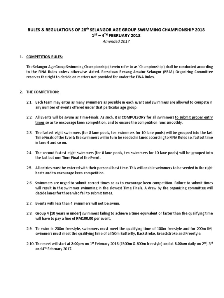 Rules & Regulations of 28 Selangor Age Group Swimming Championship 2018 ...