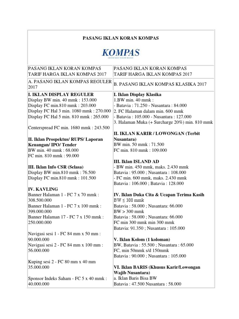 Daftar Iklan Koran Kompas | PDF