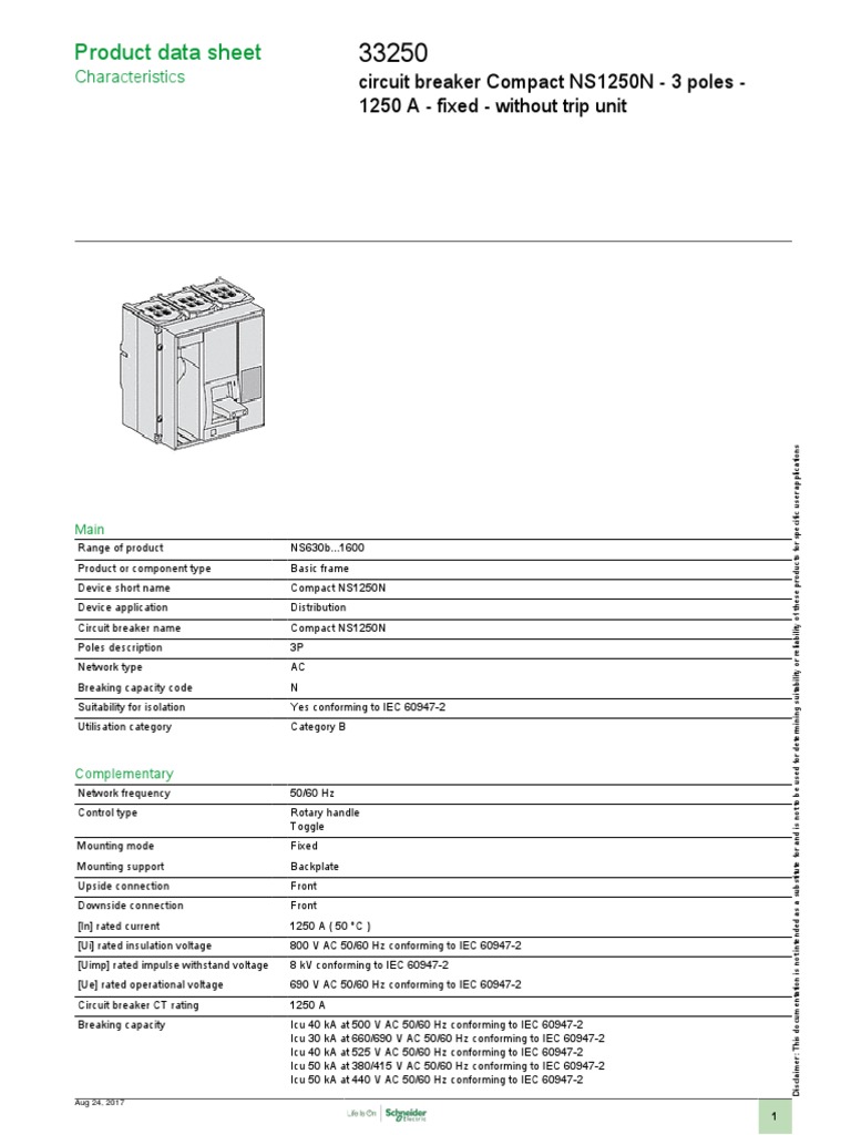 Product Data Sheet: Circuit Breaker Compact NS1250N - 3 Poles - 1250 A - Fixed - Without Trip ...