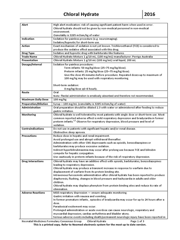 Chloral Hydrate Neomed | PDF | Dose (Biochemistry) | Chemistry