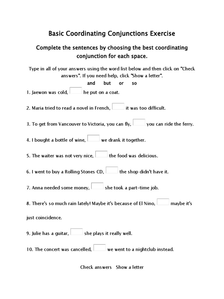 Basic Coordinating Conjunctions Exercise | PDF | English Language