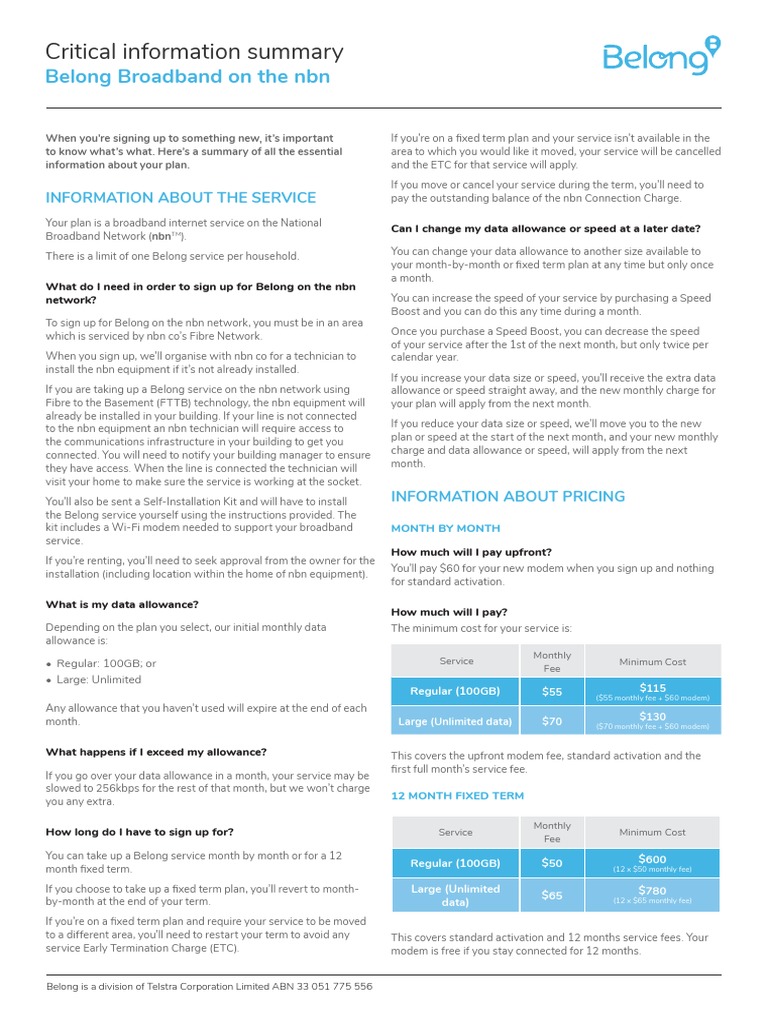 Critical Information Summary: Belong Broadband On The NBN | PDF ...
