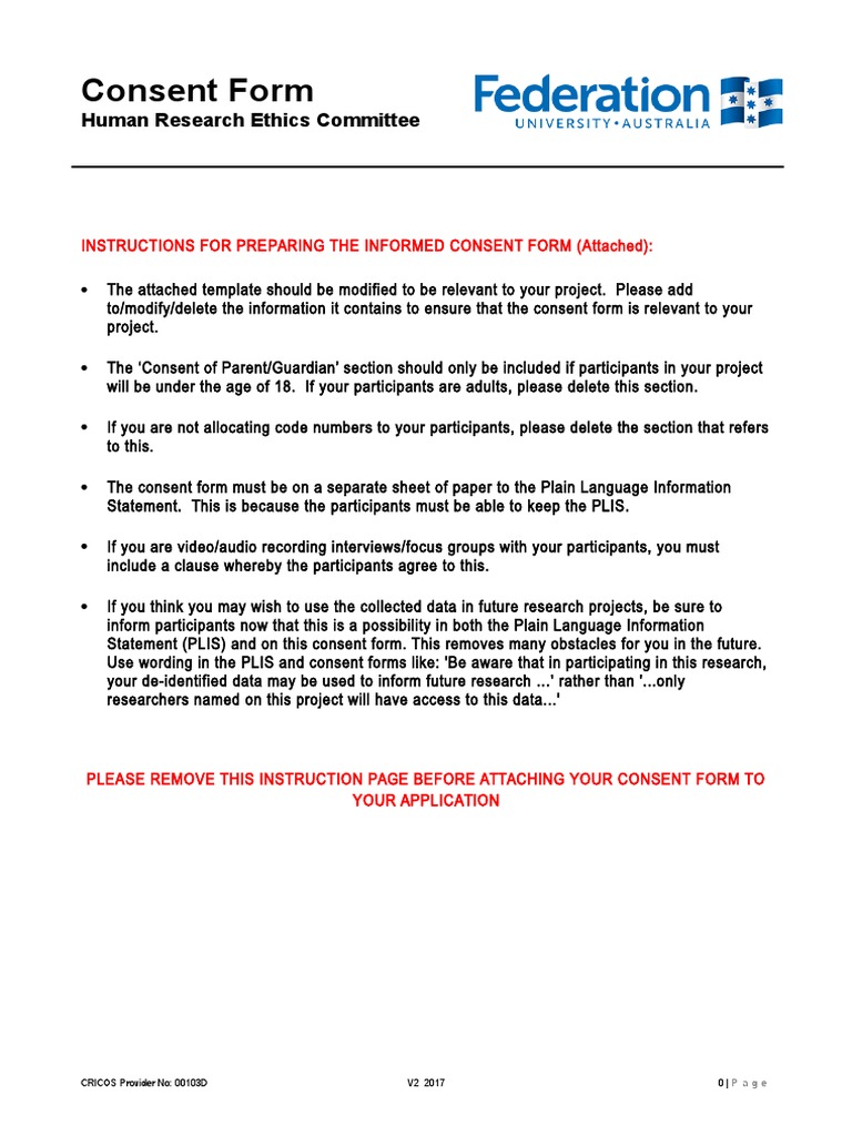 Fed Uni HREC Informed Consent V1 2018 | PDF | Consent | Data