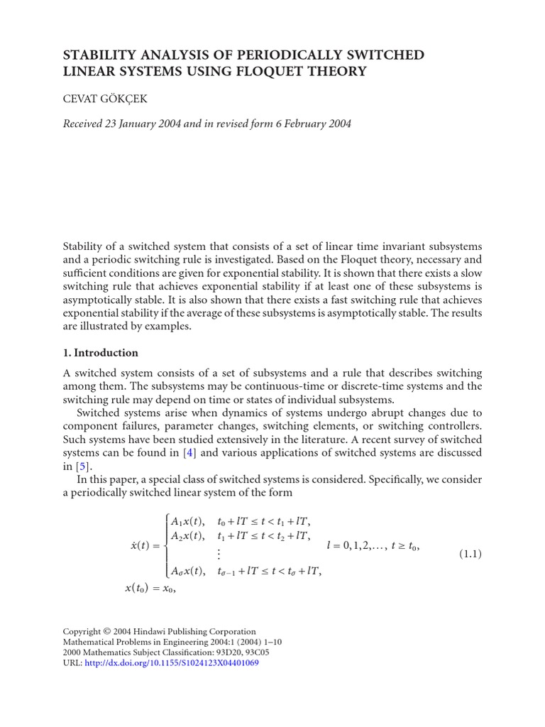 Stability Analysis of Periodically Switched Linear Systems Using Floquet Theory | PDF ...