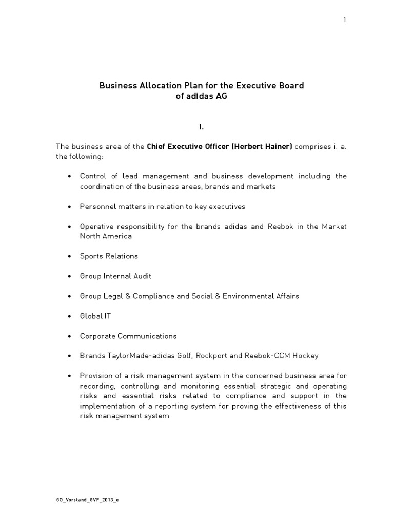 Business Allocation Plan For The Executive Board of Adidas AG | PDF ...
