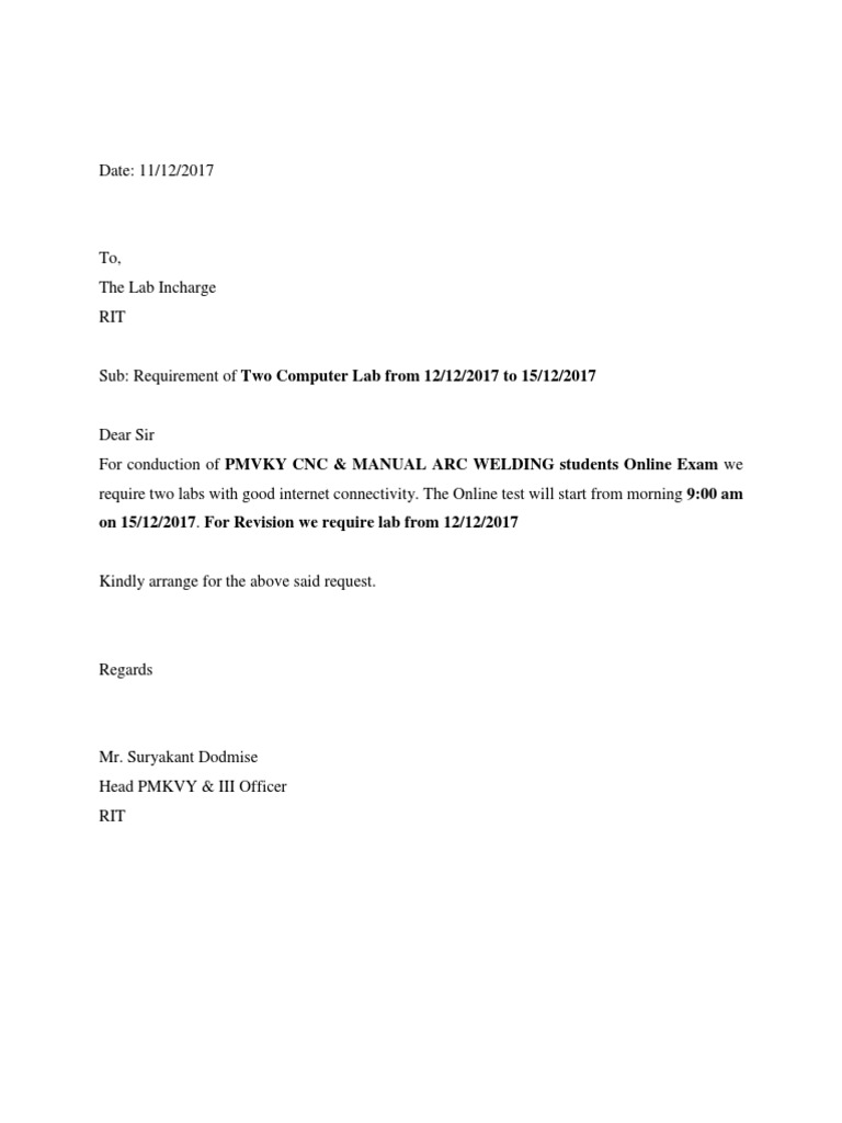 RIT Lab Request for PMVKY Exam from 12/12 to 15/12 | PDF
