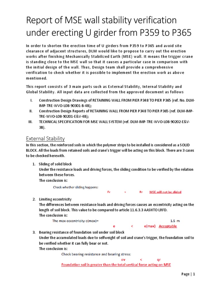 Report of MSE Wall Stability Verification Under Erecting U Girder From ...